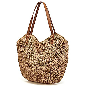 Straw Bags for Women Summer Beach Woven Tote Hobo Handbag Casual Straw Shoulder Bags for Travel Vocation Khaki Free