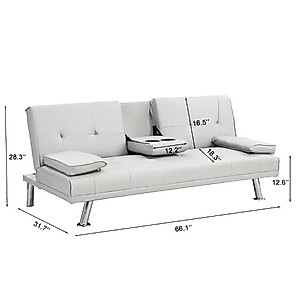 anwickjeff Convertible Folding Futon Sofa Bed with Metal Legs & 2 Cupholders, Modern Faux Leather Upholstered Couch Loveseat Sleeper, Folding Couches Bed, Removable Armrests for Small Spaces (White)