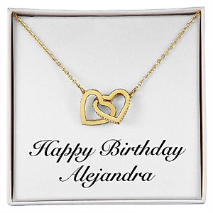Happy Birthday Alejandra - 18K Yellow Gold Finish Interlocking Hearts Necklace Personalized Name