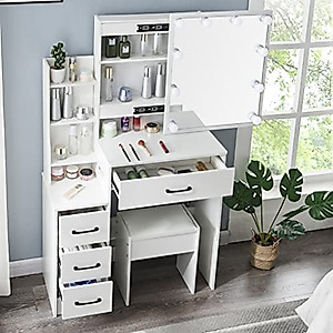 Abesthink Modern Makeup Vanity with Mirror,Ladies Vanity Set with Mirror and Stool,Vanity Table Dressers Desk for Bedroom, Makeup Vanity with 3-Color Dimmable Lighted Mirror for Girls White
