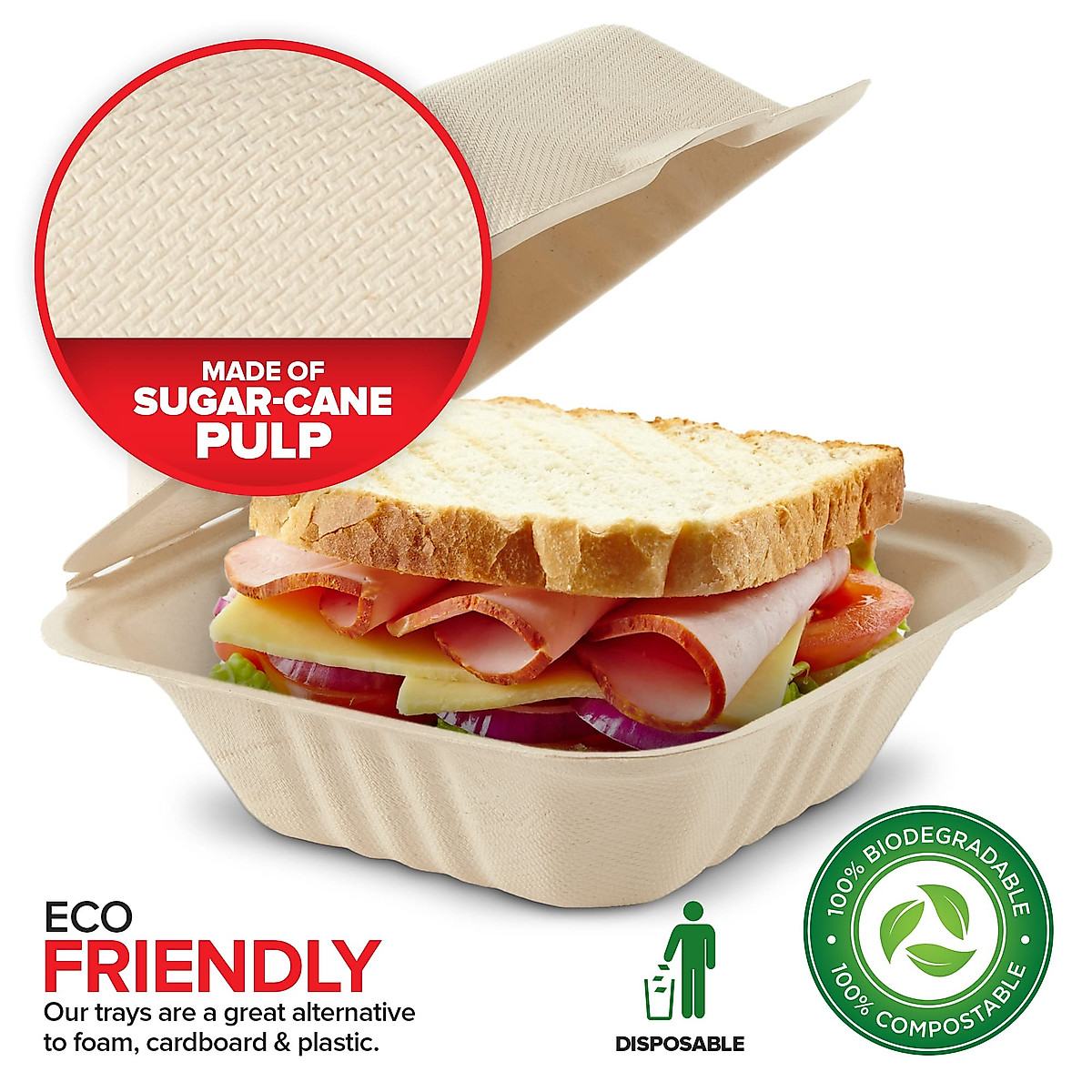 Clamshell Take Out Food Containers 6" x 6” (50 Pack) 1-Compartment, Disposable To Go Container, Togo Boxes With Lids, Trays for Lunch, Dinner, Meal-Prep, Eco Friendly, Compostable, Biodegradable