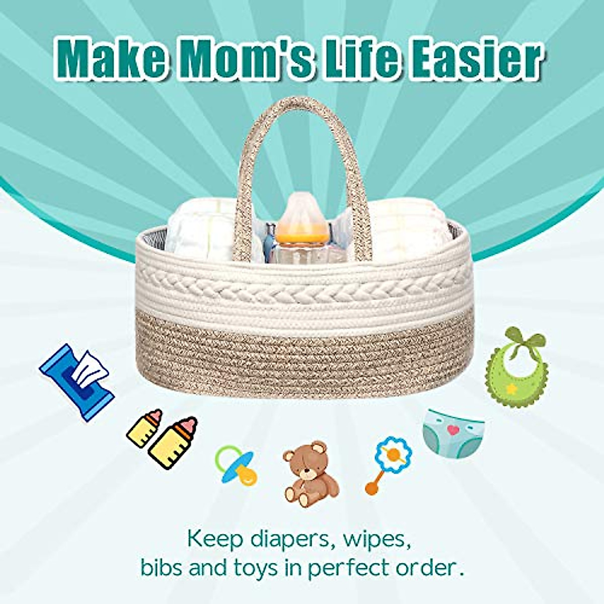 maxgoods Baby Diaper Caddy Organizer -100% Cotton Baby Basket Bin with Removable Divider -Portable Tote Bag Storage Basket for Boy & Girl Nursery Organization (White & Yellow Variegated)