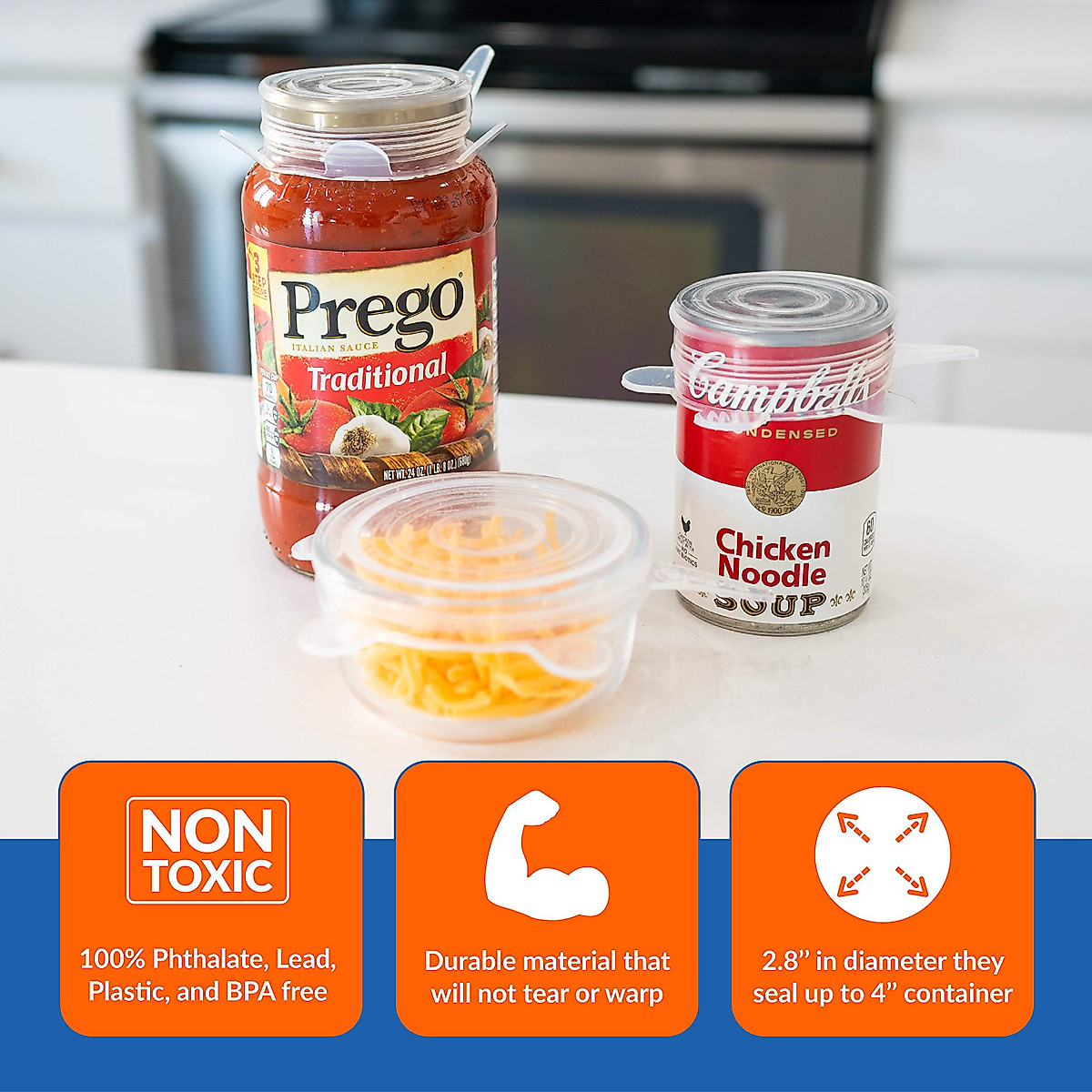 Silicone Stretch Lids (6 Pack- Small Lids) by Modfamily, Reusable, Durable, Expandable. Keeps Canned Food and Drinks Fresh, Dishwasher and Freezer Safe (2.8 In. Diameter -Seals up to 4 Inch Container)