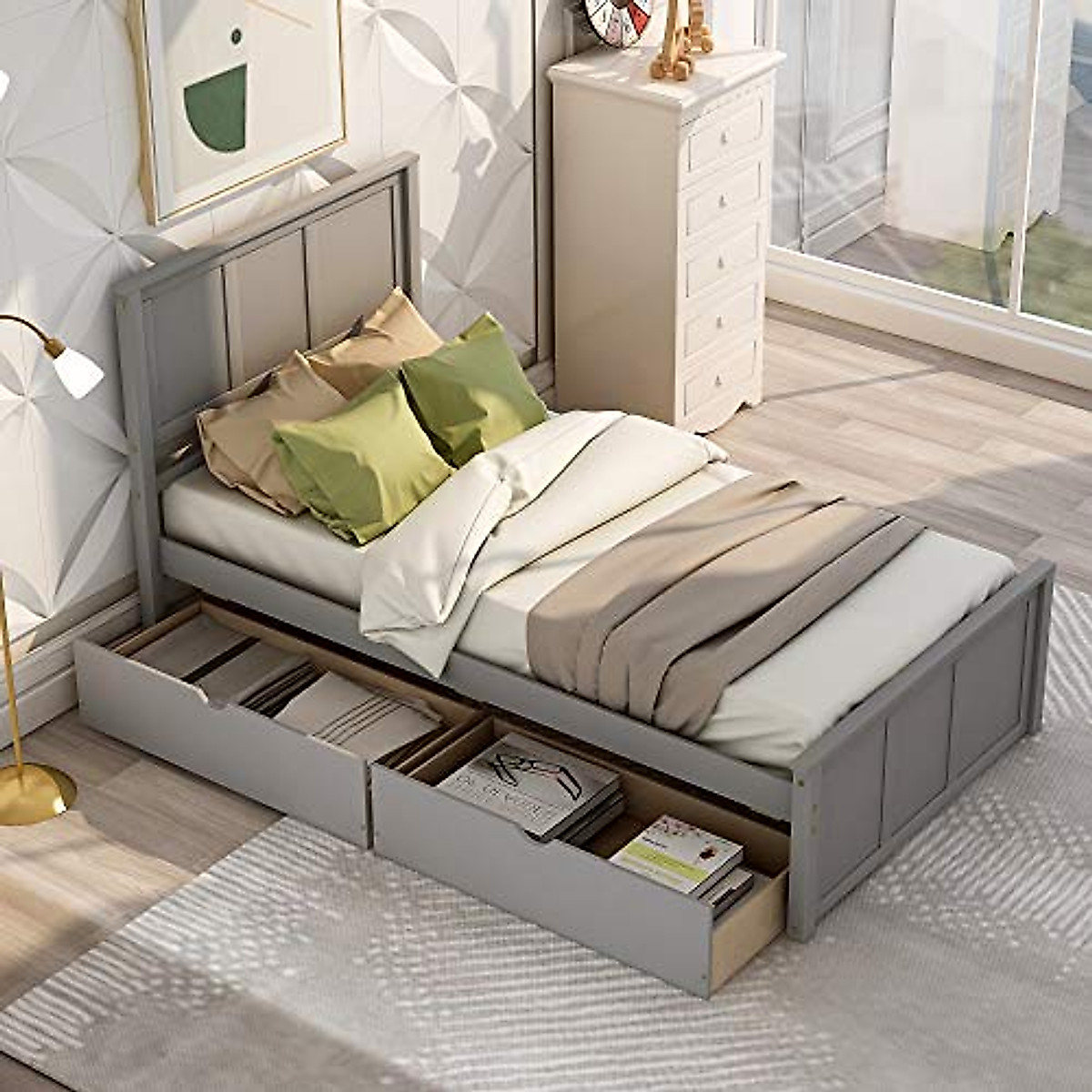 P PURLOVE Twin Size Platform Bed with Two Drawers, Twin Size Storage Bed Frame,Wood Platform Bed with Headboard with Slat Support, No Box Spring Need,Gray