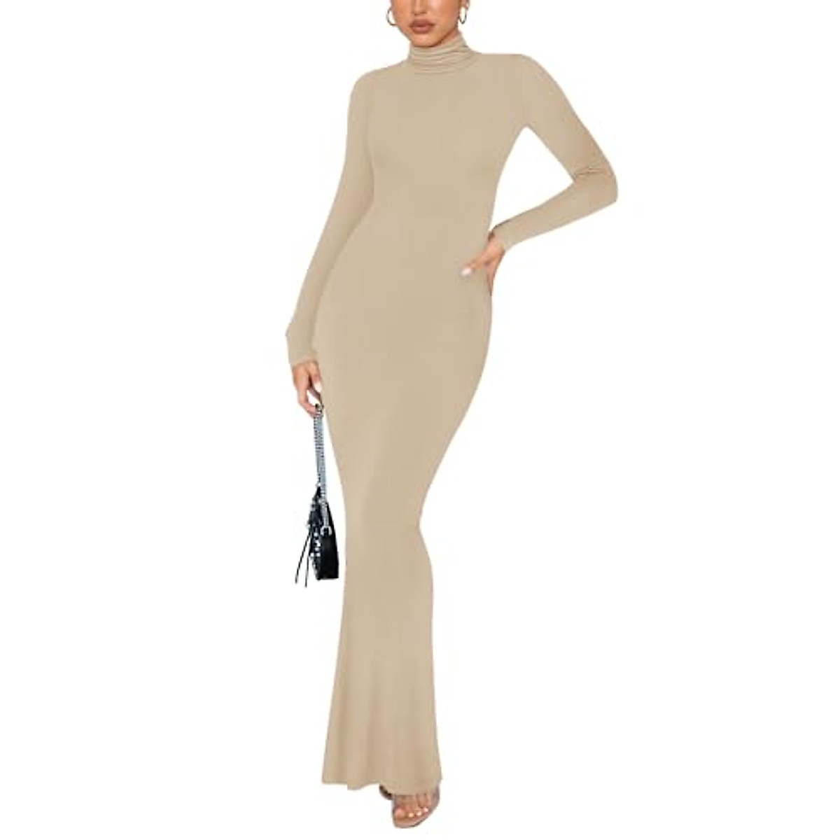 REORIA Women's Sexy Casual Mock Turtleneck Long Sleeve Elegant Long Dress Fall Wedding Guest Tight Ribbed Lounge Bodycon Maxi Dresses Khaki Medium