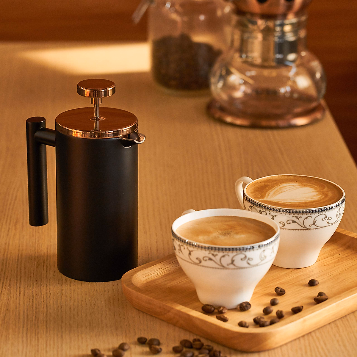 Meelio Black French Press Coffee Maker 12oz, Stainless Steel Double Wall Insulated Coffee Press with Rose Gold Metal Lid, Included 2 Extra Screens and 1 Coffee Spoon, 350ml