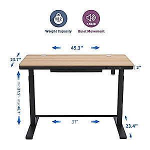 FARRAY Electric Standing Desk with Drawer, 45 x 24 Inch Adjustable Height Desk with Power Strip & USB Ports, One-Piece Top Stand Up Desk, Modern Sit Stand Desk (Oak Top + Black Frame)