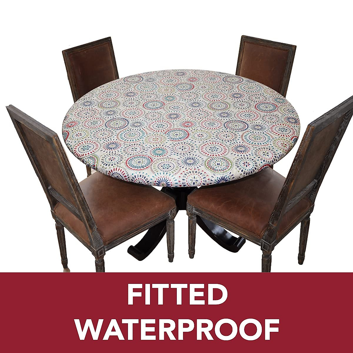 Covers For The Home Elastic Edged Flannel Backed Vinyl Fitted Table Cover - Multi-Color Geometric Pattern - Large Round - Fits Tables up to 45″ - 56” Diameter