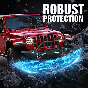 EYOUHZ Front & Rear Bumper with Spare Tire Carrier Compatible with 2007-2018 Jeep Wrangler JK JKU Unlimited w/Winch Plate, Paintable Armor, License Plate Bracket, Hitch Receiver, LED Lights & D-rings