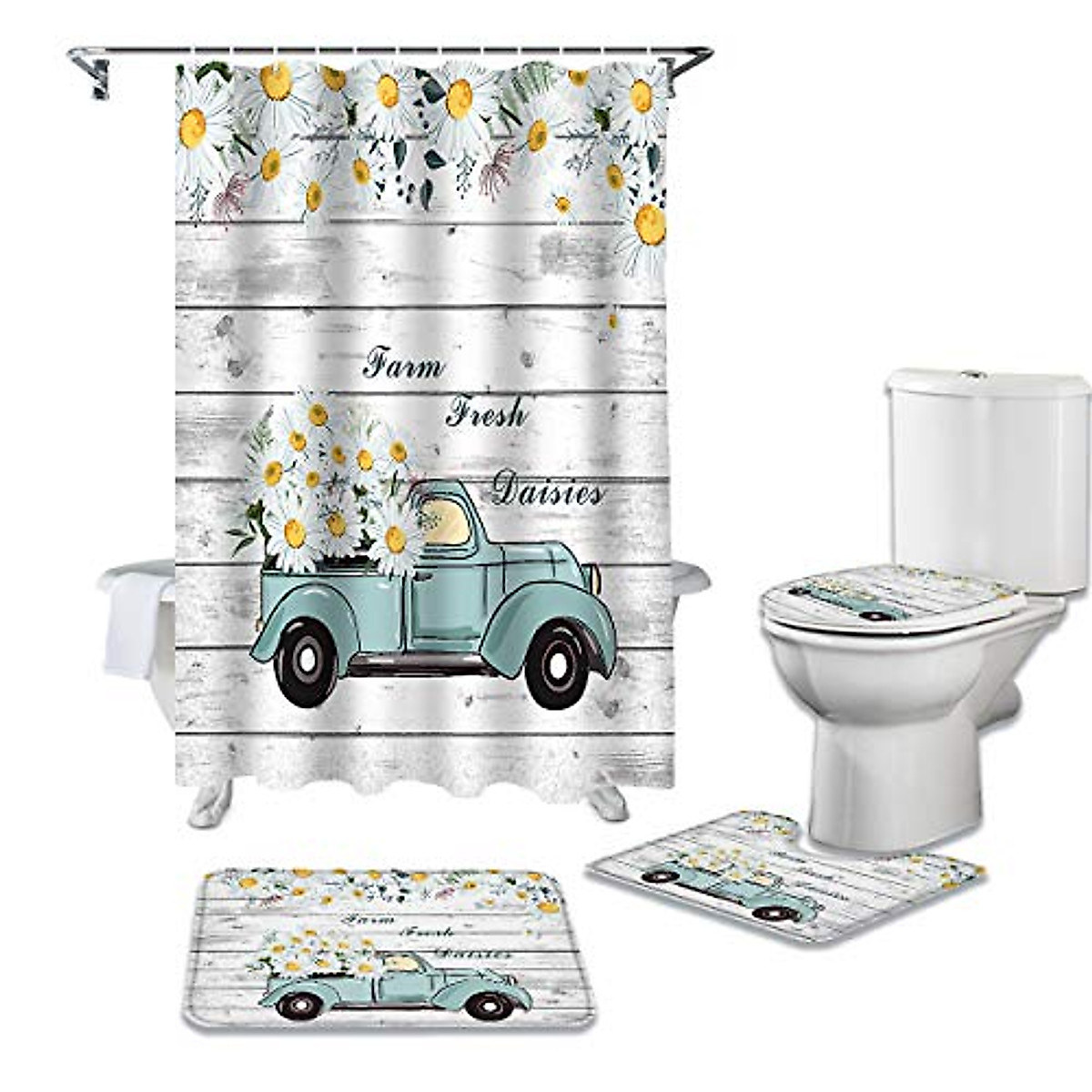 Xback 4 Piece Shower Curtain Sets for Bathroom, Farm Fresh Daisies Blue Truck Fresh Pastoral Style Retro Wood Board Machine Washable Bath Curtain with Non-Slip Rugs, Toilet Lid Cover and Bath Mat