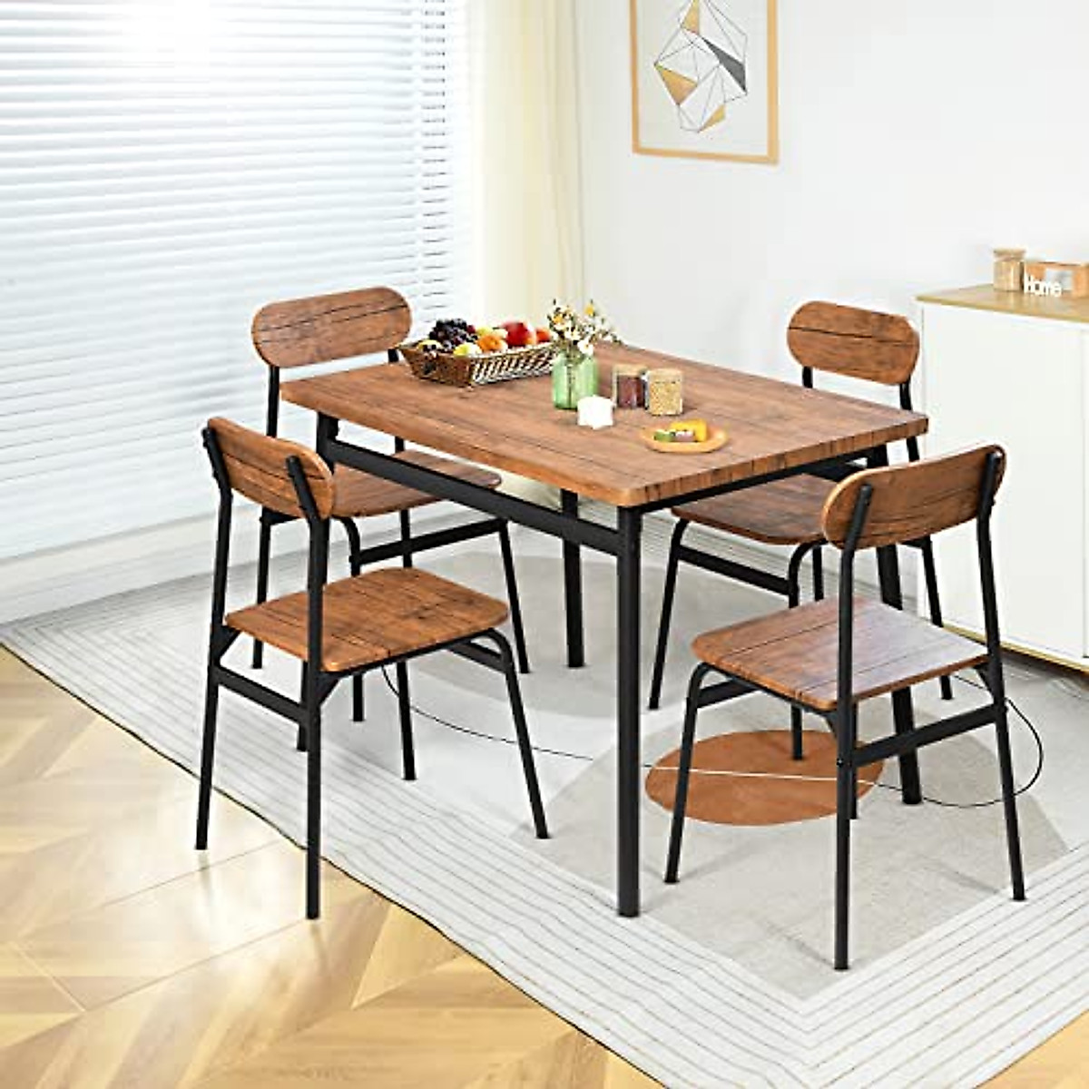 Lamerge 5-Piece Dining Table Set, Kitchen Table Set for 4, Industrial Dining Table and Chairs Set with Metal Frame, Kitchen Table and Elliptic Curve Chairs for Small Space, Homeoffice, Breakfast Nook