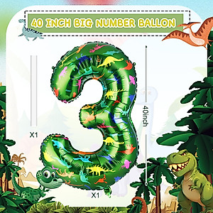 Lunmon 40 Inch Dinosaur Number Large Balloon 40 Inch Dinosaur Birthday Balloons Supplies Large Green Balloon Dinosaur Theme Balloons for Birthday Party Baby Shower (Number 3)