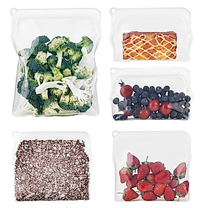 puretor Reusable Silicone Food Storage Bags, 5 Pack BPA Free, Dishwasher Safe Silicone Bags, Reusable Baggies Perfect for Kids Snack Sandwich Storage,Leakproof Standup Bags For Food & Travel