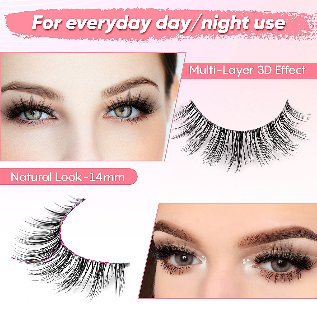 False Eyelashes 3D Lashes Natural Look Fake Eyelashes Clear Band 14mm lashes Soft Volume Lashes 10 Pairs Pack