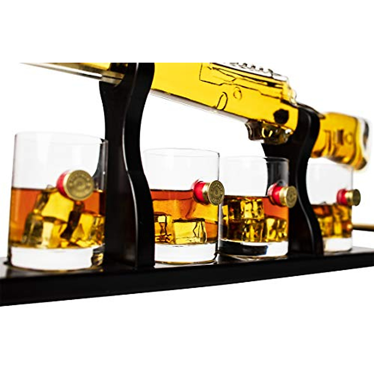 Shotgun Gun Large Whiskey & Wine Decanter Set Bullet Glasses - Limited Edition Elegant Rifle Gun Whiskey Decanter 22.5" With 4 Shotgun Bullet Whiskey Glasses and Mohogany Wooden Base The Wine Savant