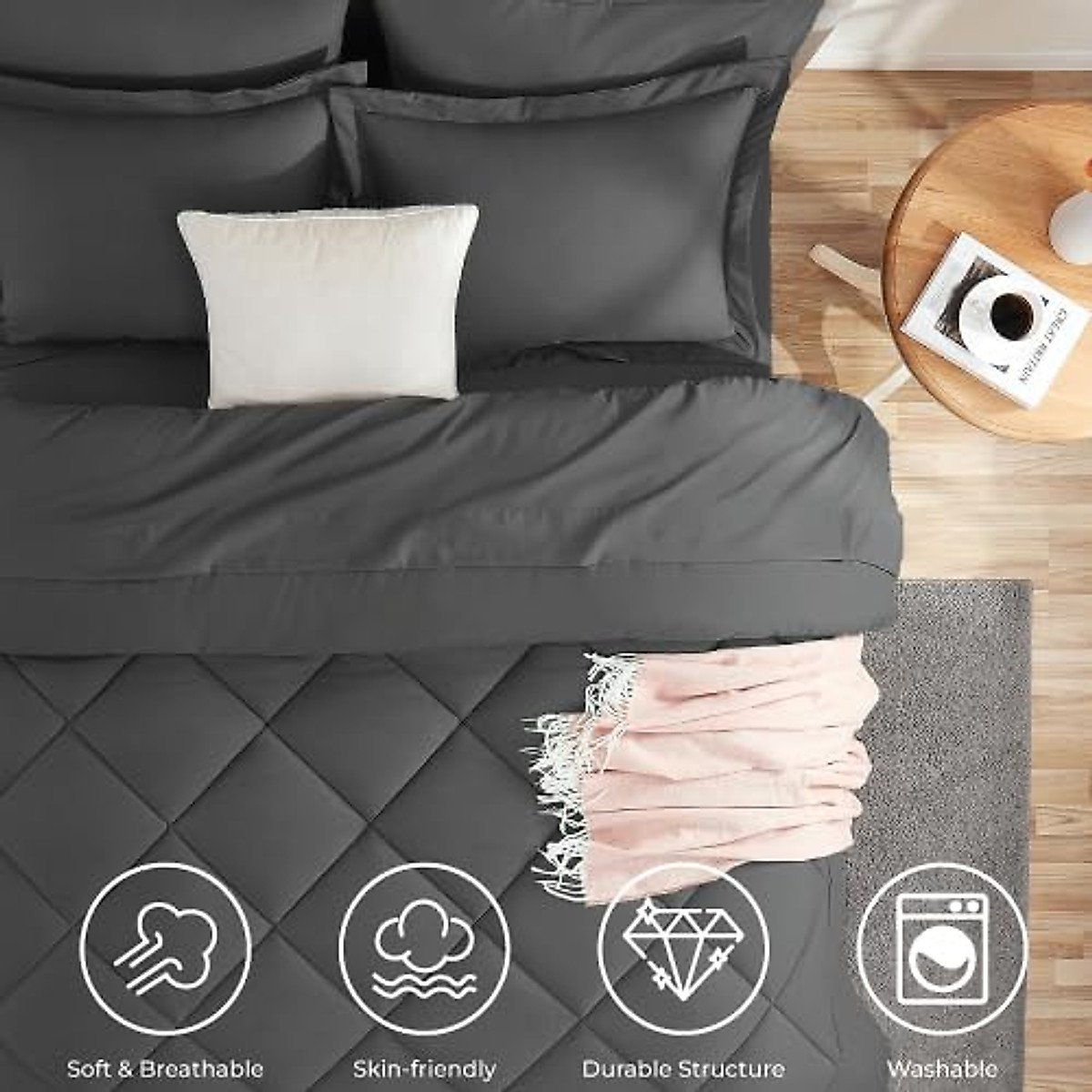 Sleepdown Bed in a Bag Twin Comforter Set with Sheets - 5 Piece, All Season Kids Twin Bedding Sets with Comforter Set for Girls and Boys, Flat Sheet, Fitted Sheet, Pillowcase & Sham (Dark Gray, Twin)