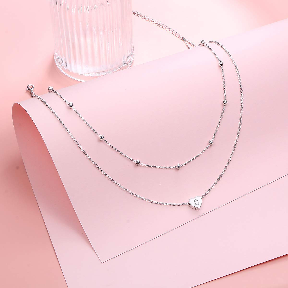 FLYOW Dainty Initial Heart Necklace Sterling Silver Clavicle Personalized Choker Necklace Jewelry Gifts for Women Letter C