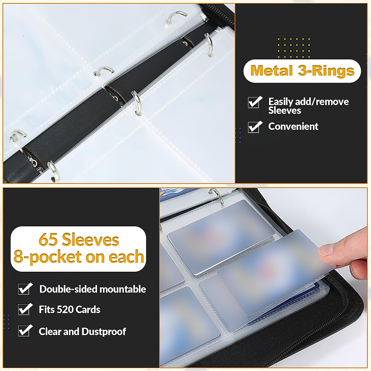 YINRTELM Card Binder for Pokemon Cards, 520 Pockets with 65 Removable Sleeves, Card Holder 4-Pocket for Pokemon TCG, CCG, MTG Cards etc, Card Collector Zipper Album Book for Kids Gift