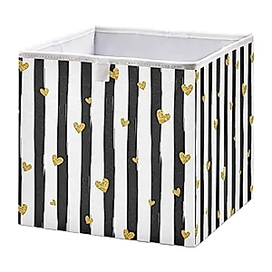 Kigai Black and White Stripes with Hearts Cube Storage Bin 15.7x10.6x7 in, Large Organizer Collapsible Storage Basket for Shelves, Closet, Storage Room