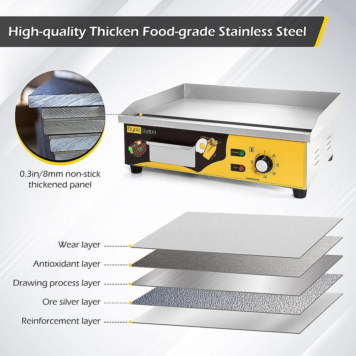 Dyna-Living Commercial Electric Griddle 22'' Stainless Steel Countertop Griddle 3000W 110V Flat top Grill Electric for Home Kitchen, Restaurant, 122~572℉ Temperature Adjustable