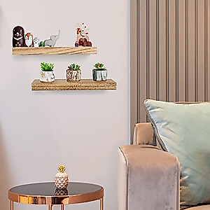 Wood Floating Shelves Wall Mounted 17 inch, 2 Tier Rustic Wooden Wall Shelves for Bathroom Living Room Bedroom Laundry Kitchen Storage Farmhouse Decor, Set of 2