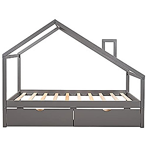 Platform Bed Daybed with Two Pull-Out Drawers and Roof, House Bed Frame for Kids, Twin Size, Gray