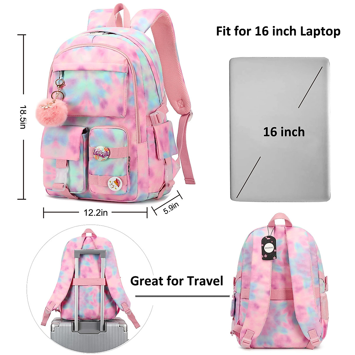 Hidds Laptop Backpacks 16 Inch School Bag College Backpack Anti Theft Travel Daypack Bags Bookbags for Teens Girls Women Students (Tie-Dye Pink)