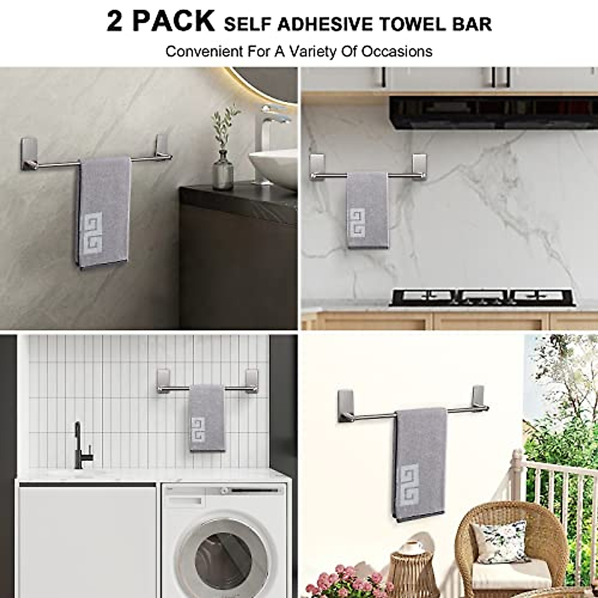 NearMoon Self Adhesive Bathroom Towel Bar- Stainless Steel Bath Wall Shelf Rack Hanging Towel Stick On Sticky Hanger Contemporary Style, NO Drilling, 16-Inch Towel Rack (2 Pack, Brushed Nickel)