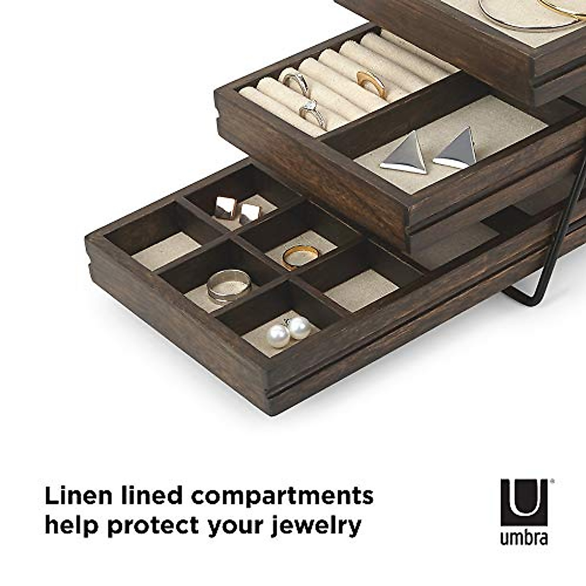 Umbra Terrace Tier Jewelry Three Sliding Linen Lined Wood Trays with Metal Frame and Handle, Easy Storage and Access, Walnut, 3 Each