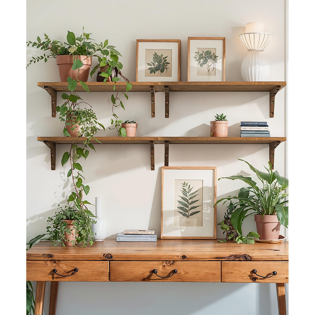 Afuly Wood Shelves for Wall, 24 Inch Rustic Floating Shelf with Wooden Brackets for Bedroom Living Room Kitchen, Wall Mounted Storage Shelving, Natural Solid Wood Home Decor