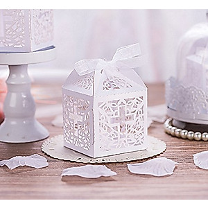 KAZIPA 50PCS Baptism Favor Boxes, 2.2''x2.2''x2.2''Laser Cut Favor Boxes with 50 Ribbons for Baby Shower Favors Baptism Decorations First Birthday Party (White)