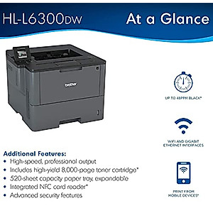 Brother HL-L6300DWB Wireless Single-Function Monochrome Laser Printer, Gray - Print only - 48 ppm, 1200 x 1200 dpi, 8.5 x 14, 256MB Memory, Auto Duplex Printing, 520 Sheet, Ethernet