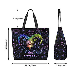 JASUTOT Aries Constellation Tote Bag Large Canvas Zodiac Sign Astrology Shoulder Tote Handle Bag For Gym Beach Weekender Travel Shopping