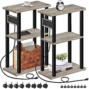 TUTOTAK Small Narrow Side Table with Charging Station, Set of 2 Skinny End Table for Small Spaces, Slim Nightstand with USB Ports and Outlet,Sofa Beside Table with Wheels, Greige TB01BG047