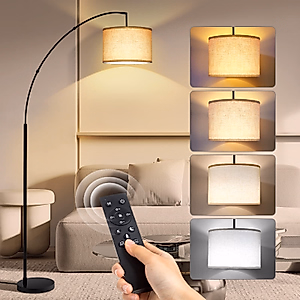 OUTON Arc Floor Lamp with Remote Control, 81" Height Dimmable LED Floor Lamp with Stepless Color Temperature, Tall Standing Lamp with Adjustable Hanging Drum Beige Shade for Living Room, Bedroom