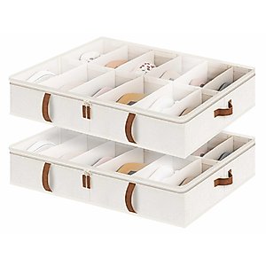 StorageWorks Under Bed Shoe Storage Organizer, Underbed Shoes Container with Adjustable Dividers, Shoe Storage Basket with Cover, Beige, 2-Pack, Space-Saving Shoe Box Fits up to 24 Pairs