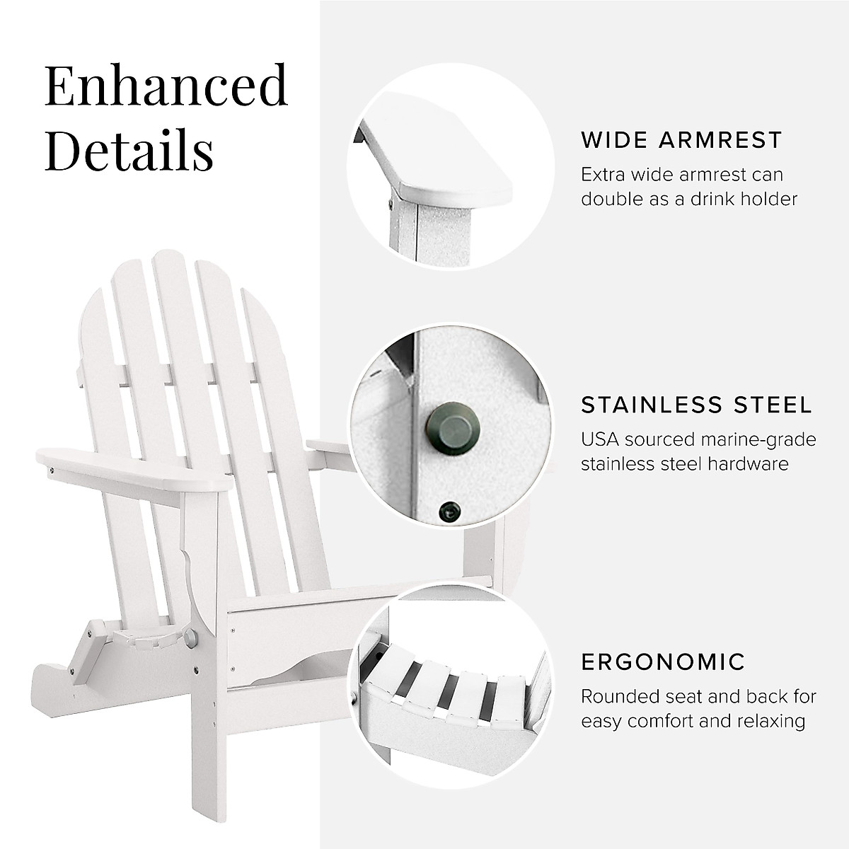 DuroGreen Folding Adirondack Chairs Made with All-Weather Tangentwood, Set of 2, Oversized, High End Patio Furniture for Porch, Lawn, Deck, or Fire Pit, No Maintenance, USA Made, White