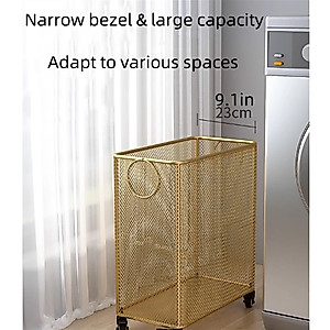 Laundry Hamper with Handles & Rolling Wheels, Metal Laundry Basket with Wheels, Light Luxury Style Laundry Hamper, for Bathroom,Laundry Room（Size:16.9 * 9.1 * 17.7in） (Color : Gold)