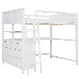 Full Size Loft Bed with Desk and Storage Drawers, Wood Full Loft Bed with Safety Guardrails, Ladder, Headboard and Footboard, High Loft Bed for Kids, Teens, Adults Boys & Girls(Full, White)