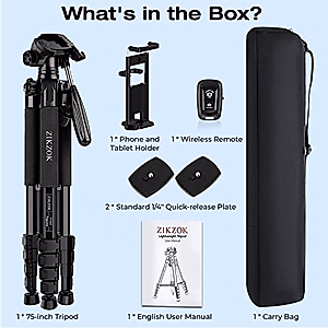 ZIKZOK 75 Inch Camera Tripod, Lightweight Travel Aluminum Cell Phone Video Tripod for DSLR/SLR/DV/GoPro/iPhone with Bag (Weight 2.8Lbs/Load 11Lbs)