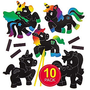 Baker Ross AW625 Unicorn Scratch Art Fridge Magnets - Pack of 10, Rainbow Scratch Paper with Stylus for Kids to Decorate in Arts and Crafts Activities