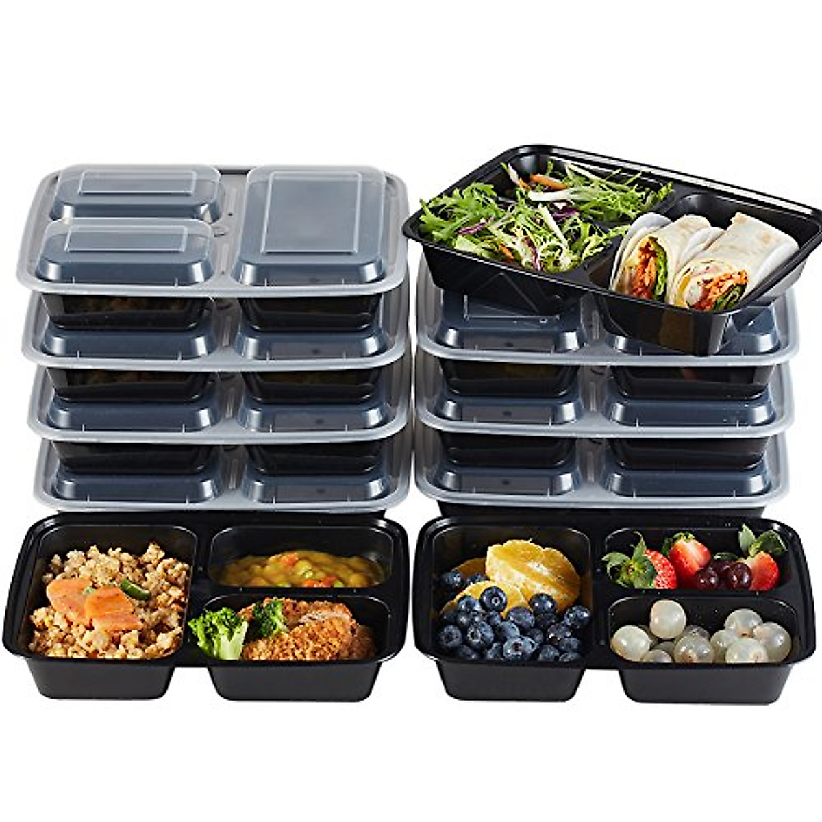 Nutribox [15 pack] 32oz 3 Compartment Meal Prep Containers with Lids - Bento Box - Durable Plastic Reusable Food Storage Containers - Stackable, Reusable, Microwaveable & Dishwasher Safe