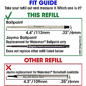 Jaymo Replacement for Waterman 834264 - Measures 4.4 in / 112 mm Long - Ballpoint Pen Refill - 2 Blue