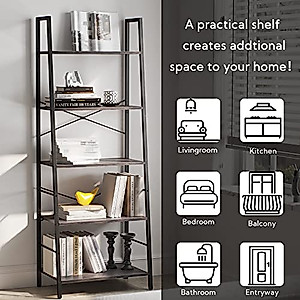 Yusong Bookshelf, Ladder Shelf 5-Tier Bookcase for Bedroom, Industrial Book Shelves Storage Rack with Metal Frame for Home Office, Gray