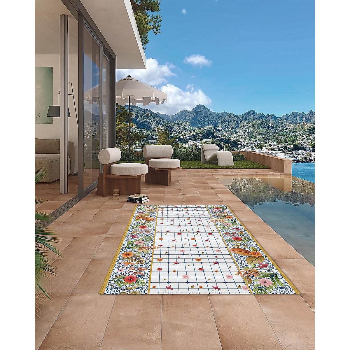 Outdoor Rug Waterproof Mat 4' x 6' for Patio, Summer Fall Ceramic Tile Floral Outside Indoor Non-Slip Front Door Mat RV Camping Carpet Area Rug for Balcony Picnic Beach Deck