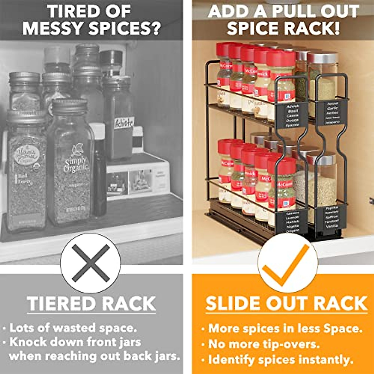SpaceAid Pull Out Spice Rack Organizer for Cabinet, Heavy Duty Slide Out Seasoning Kitchen Organizer, Cabinet Organizer, with Labels and Chalk Marker, 5.2" W x10.75 D x10 H, 2 Drawers 2-Tier