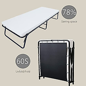 LEISUIT Rollaway Guest Bed Cot Fold Out Bed - Portable Folding Bed Frame with Thick Memory Foam Mattress for Spare Bedroom & Office White+Hanging Storage Bag(L)