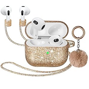 Airpods Case, DMMG Airpods 3 Case Cover Silicone Skin for Girls Women,AirPods Protective Cute Bling Glitter Case with Fluff Ball Keychain,Scratch Proof for Airpod 3rd Generation (Rose Gold)