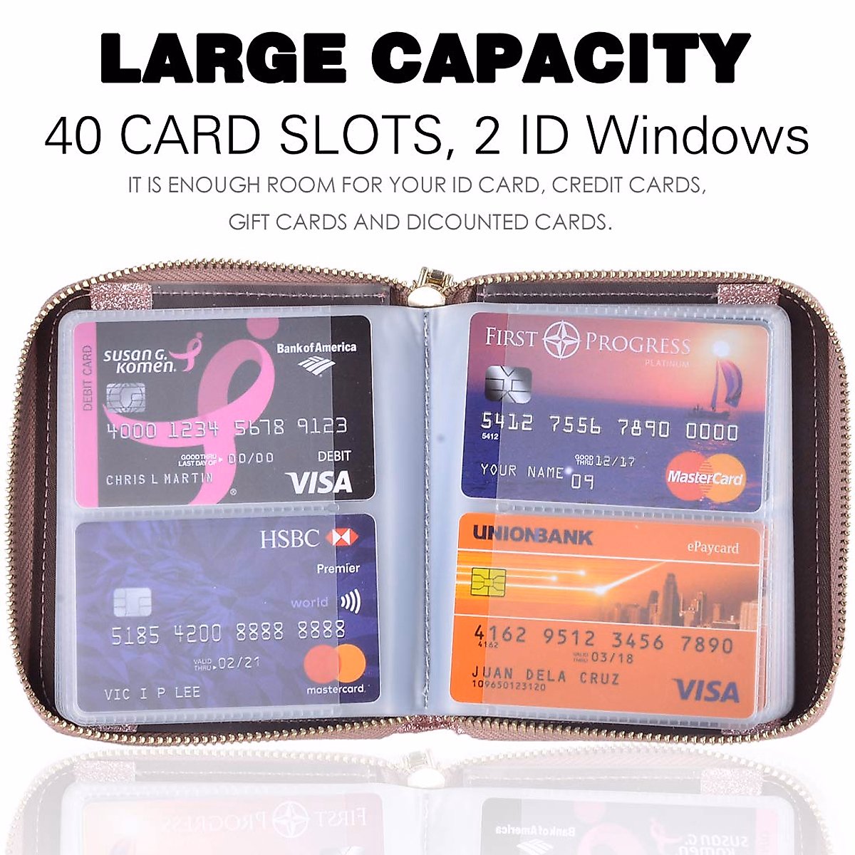 Easyoulife Womens Credit Card Holder Wallet Zip Leather Card Case RFID Blocking (Glitter Light Purple)