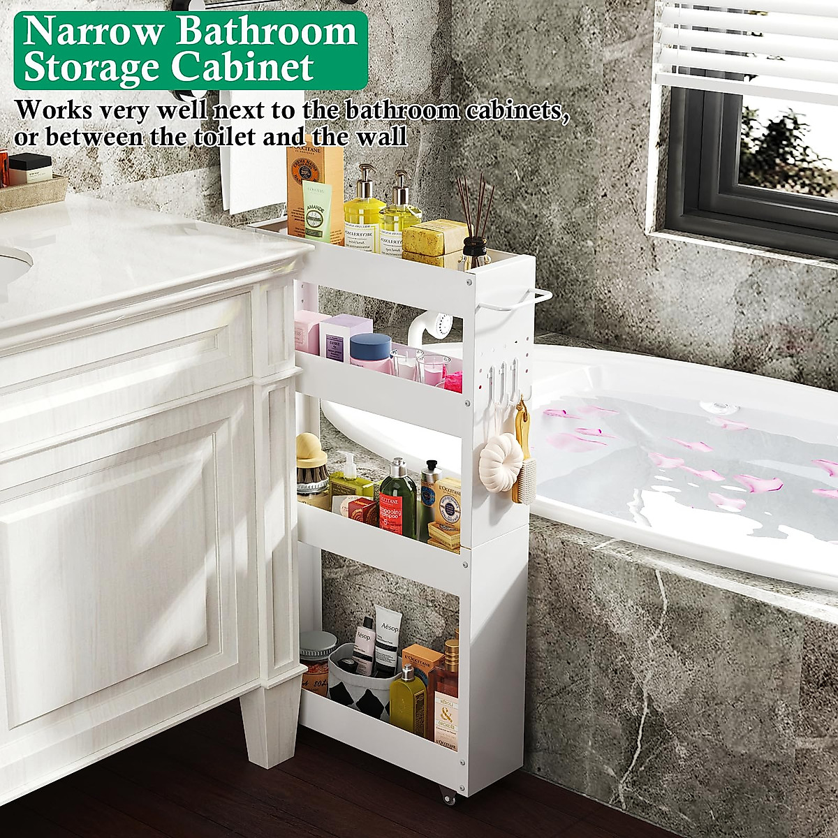 OKZEST Slim Storage Cart, 4-Tier Narrow Rolling Kitchen Laundry Cart on Wheels, Utility Metal Narrow Bathroom Storage Cabinet Organization Shelf for Small Spaces Between the Washer and Dryer, 5" Width